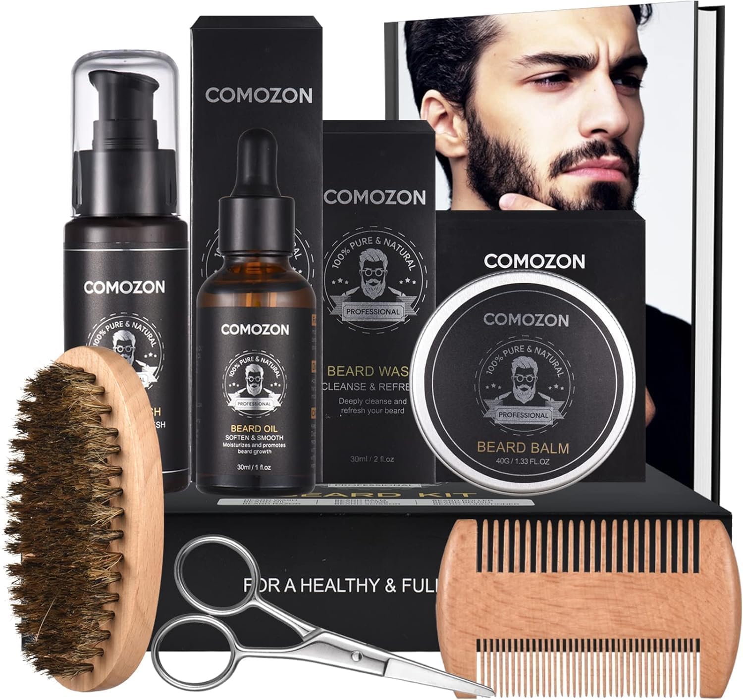 Beard Growth Kit-6 in 1 Beard Grooming Kit with Beard Oil, Beard Balm, Beard Wash, Brush, Comb and Shaving Scissors, Beard Care Kit Gifts for Men Father Dad Husband Boyfriend Brother Son Him