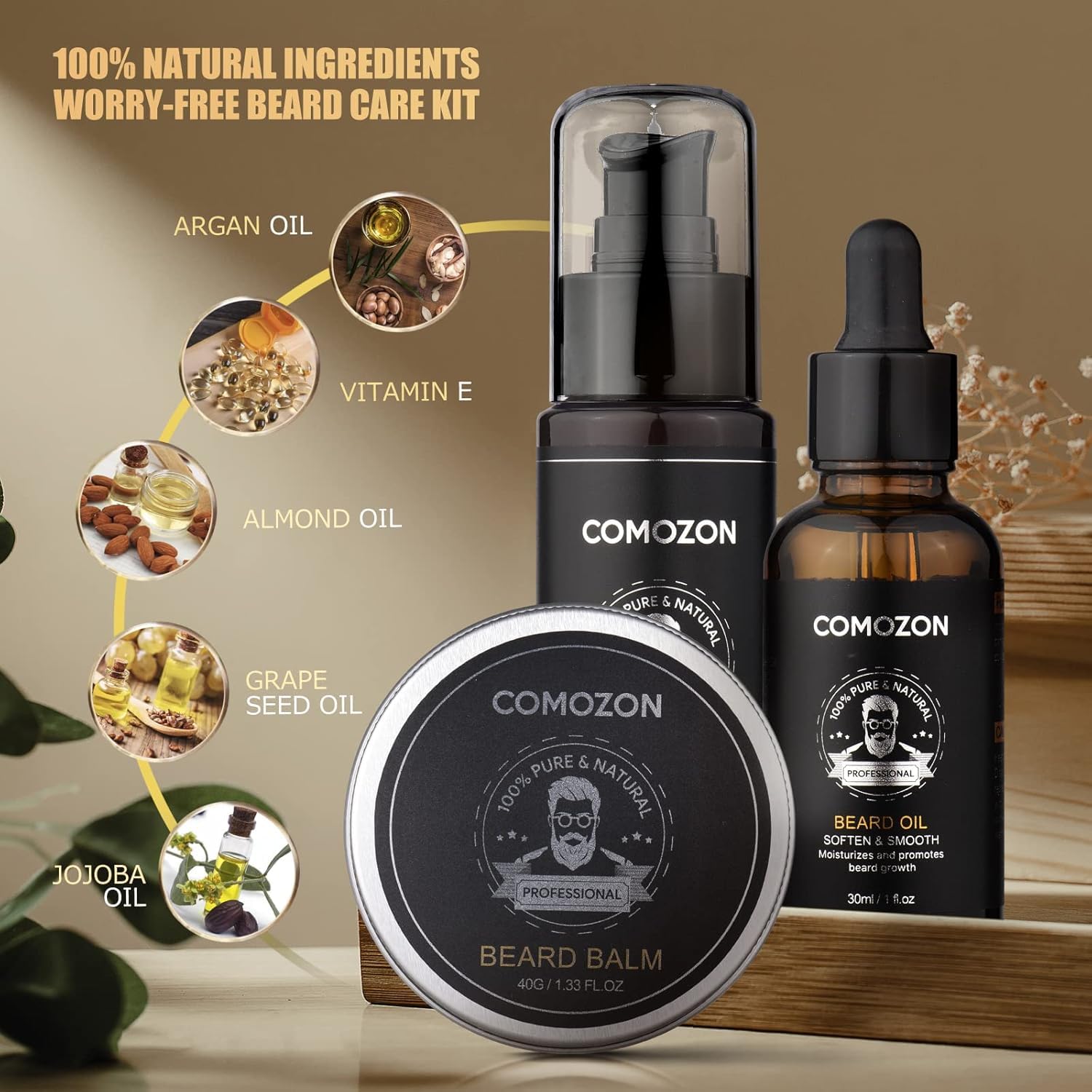 Beard Growth Kit-6 in 1 Beard Grooming Kit with Beard Oil, Beard Balm, Beard Wash, Brush, Comb and Shaving Scissors, Beard Care Kit Gifts for Men Father Dad Husband Boyfriend Brother Son Him