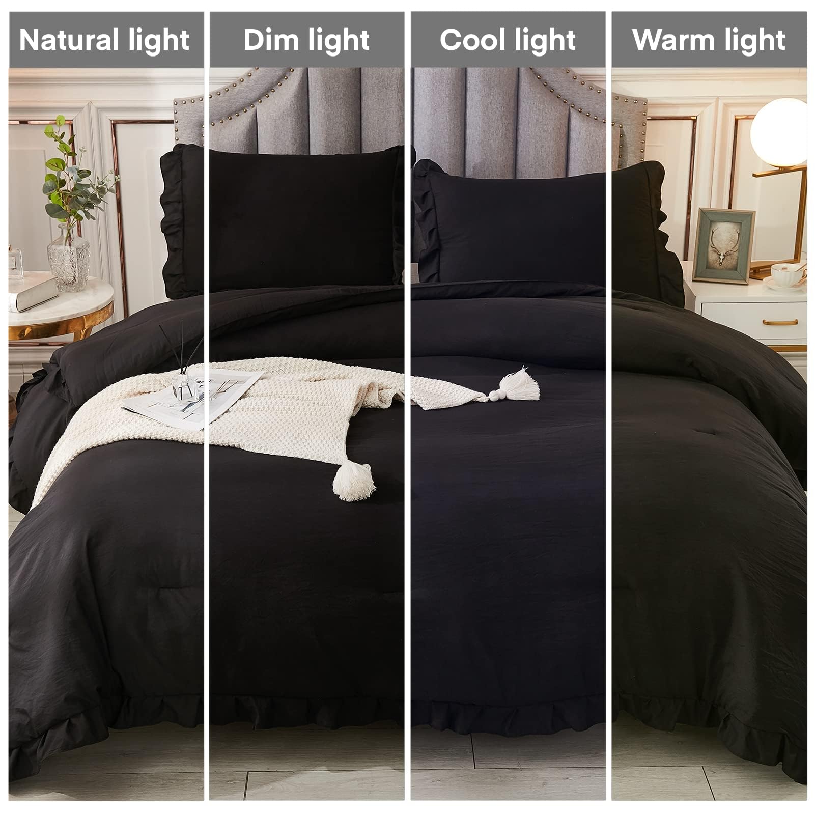 Andency California King Comforter Set Black (104x96Inch), 3 Pieces Cal King Ruffle Comforter, Oversized Farmhouse Shabby Chic Bed Comforter, Lighteweight and Soft Microfiber Bedding Set