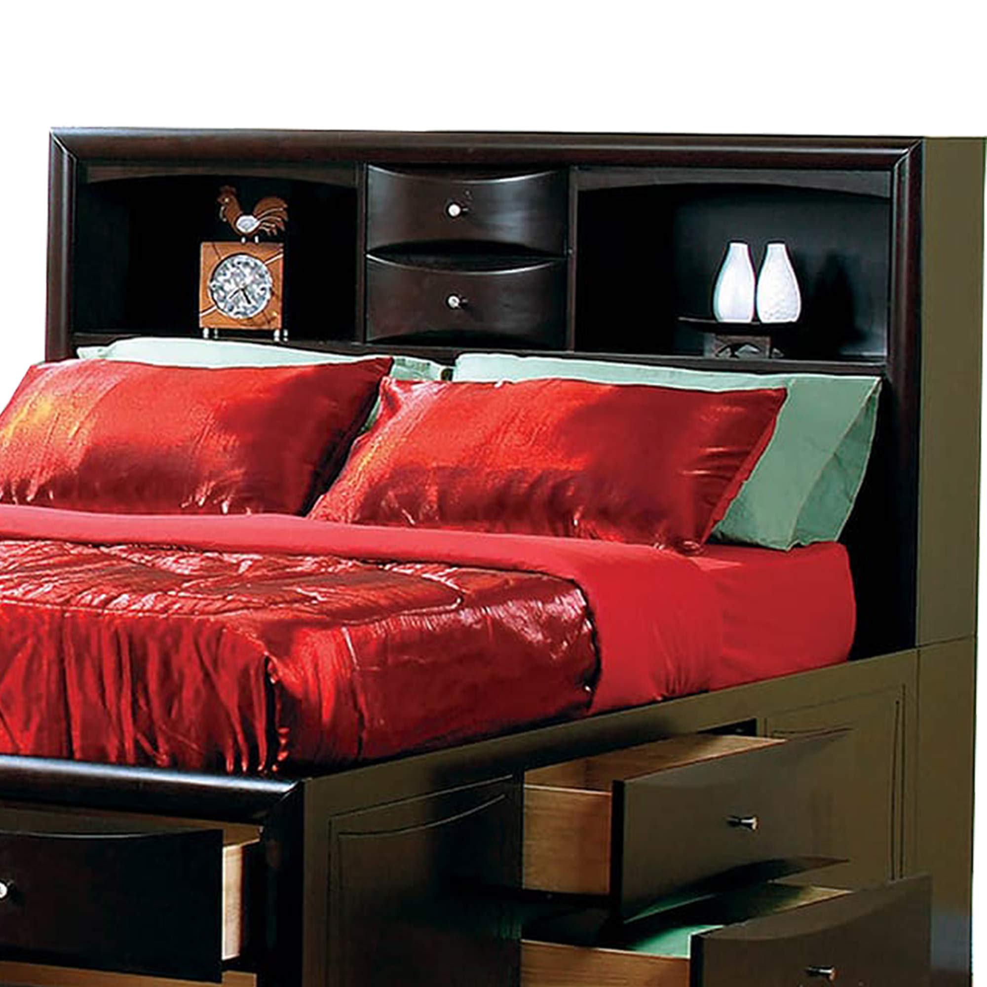 Benjara Wooden California King Size Bed with One Drawers and Two Open Shelves, Brown