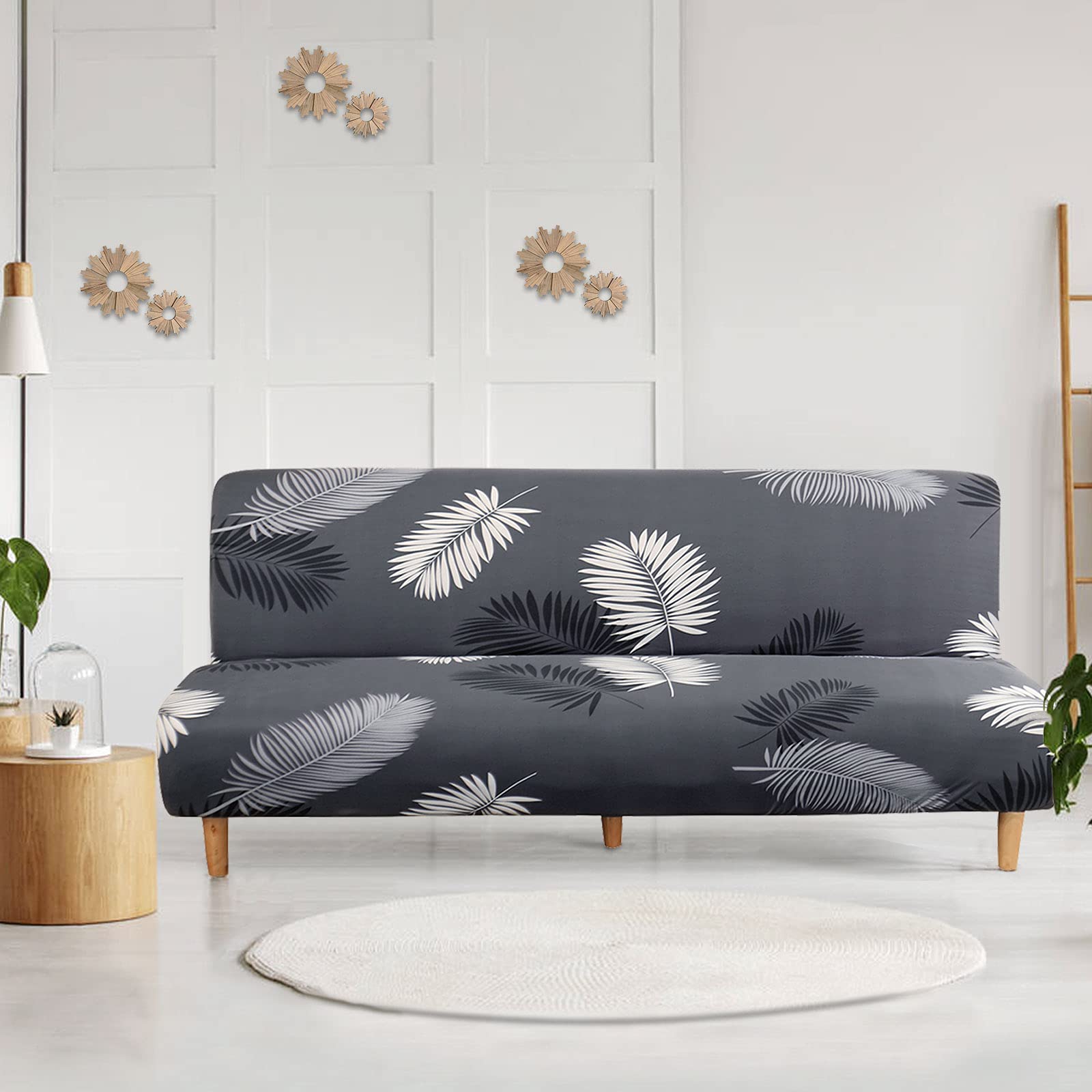 LiveGo Armless Futon Slipcovers Stretch Folding Sofa Bed Cover with Elastic Bottom, Printed Fitted Couch Cover Furniture Protector for Pets, Kids (Dark Grey)