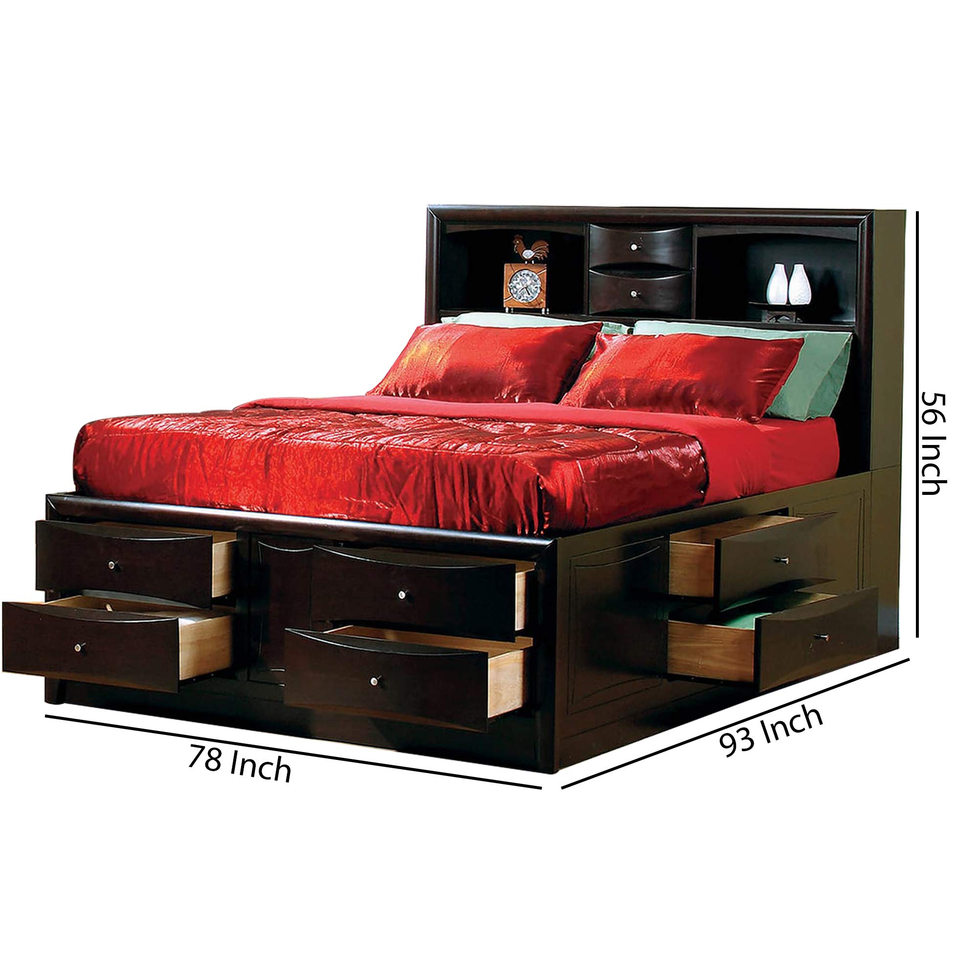Benjara Wooden California King Size Bed with One Drawers and Two Open Shelves, Brown