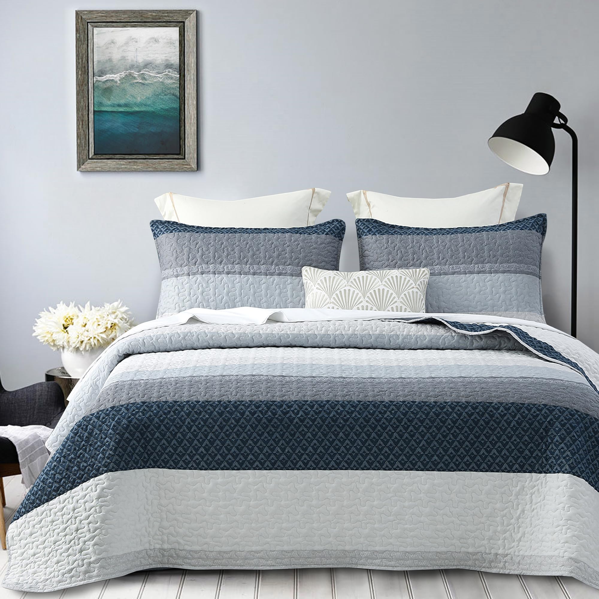 DURLENGEN Quilt Set California King Size 3Pcs, Blue & Navy Striped Patchwork Pattern All Season Lightweight Coverlet Sets(Cal King 112x104, Blue Patchwork)