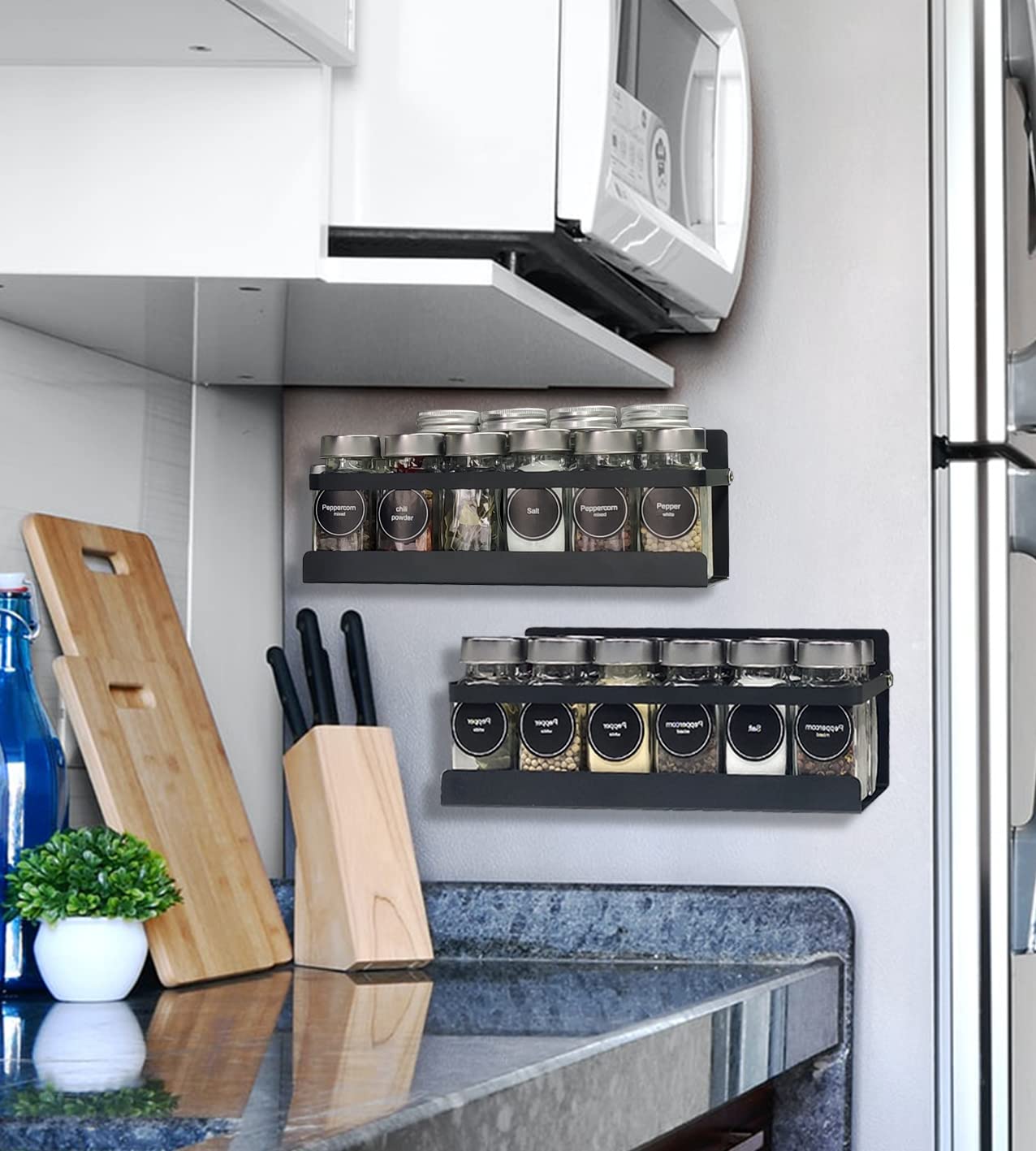 Derkniel 2 Pack Magnetic Spice Rack Organizer for Refrigerator, Magnet Fridge Spice Shelf with Strong Magnet Back for Holding Seasoning, Jars, Bottles, Cans, Beverages (Black)