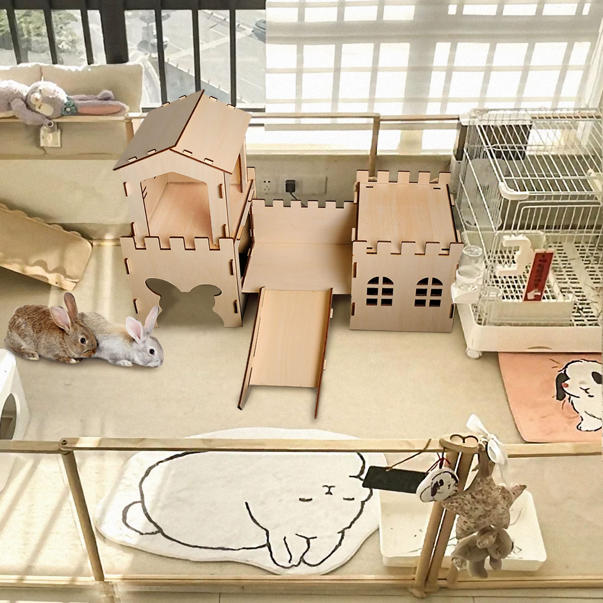 Extra Large Rabbit Castle Hideout Bunny House, Wooden Bunny Hideout for Indoor Rabbit Play Houses and Hideouts Nut Castle