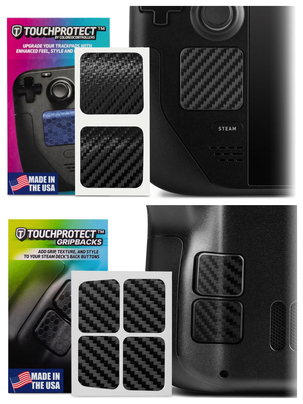 TouchProtect Steam Deck Grip Kit - Front touchpad and back button skin set. Steam Deck accessory bundle. (Carbon Fiber Black)