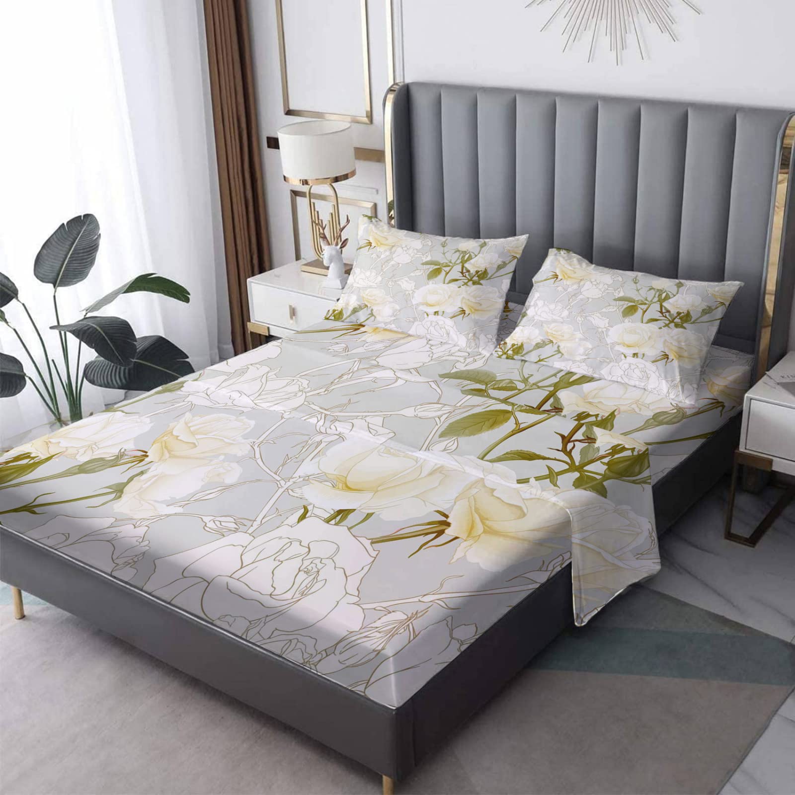 THYUNQ Floral Sheets for California King Size Bed, Botanical Flower Pattern Bedding Sheets & Pillowcases 4 Piece, Soft Microfiber Printed Sheet Set with 14 Inch Deep Pocket Fitted Sheet