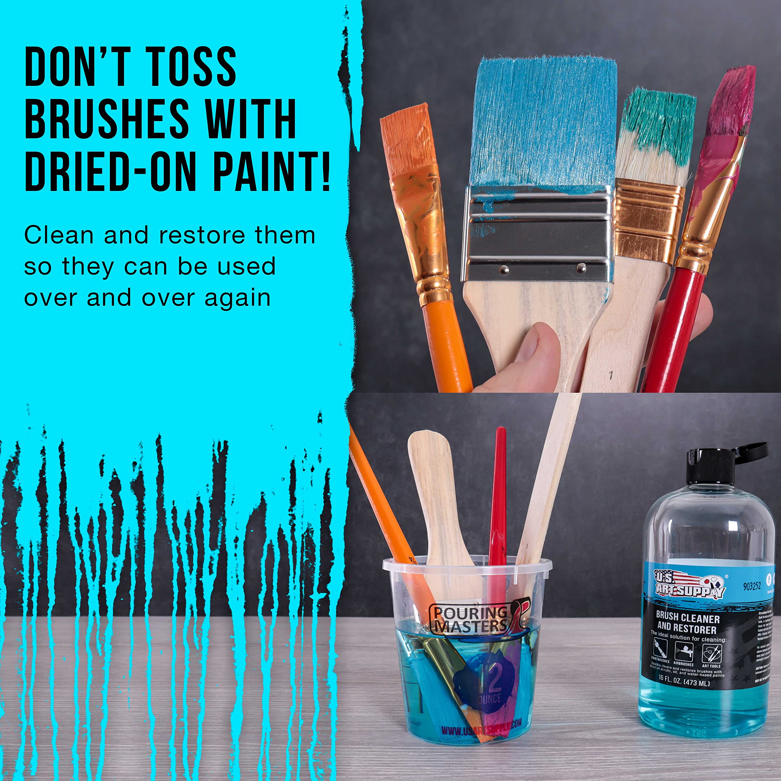 U.S. Art Supply Brush Cleaner and Restorer, 4 Ounce Bottle - Quickly Cleans Paint Brushes, Airbrushes, Art Tools - Cleaning Solution to Remove Dried On Acrylic, Oil and Water-Based Paint Colors