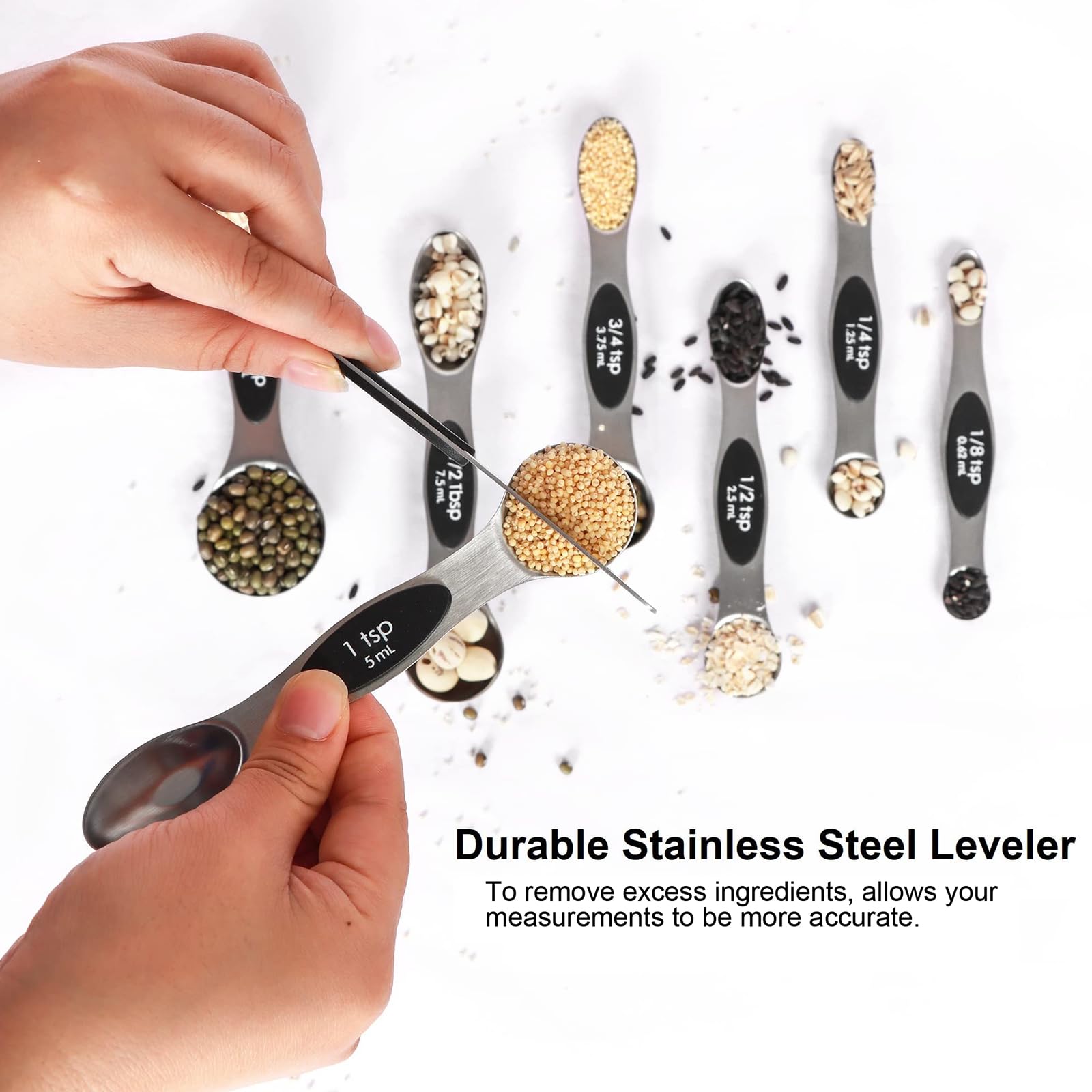 Magnetic Measuring Spoons Set Stainless Steel with Leveler, Stackable Metal Tablespoon Measure Spoon for Baking, Measuring Cups and Spoon Set Kitchen Gadgets Apartment Essentials Fits in Spice Jars