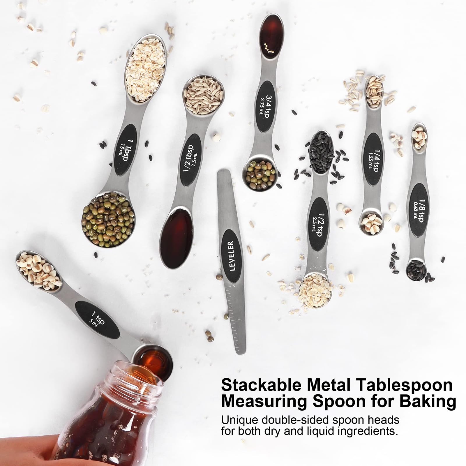 Magnetic Measuring Spoons Set Stainless Steel with Leveler, Stackable Metal Tablespoon Measure Spoon for Baking, Measuring Cups and Spoon Set Kitchen Gadgets Apartment Essentials Fits in Spice Jars