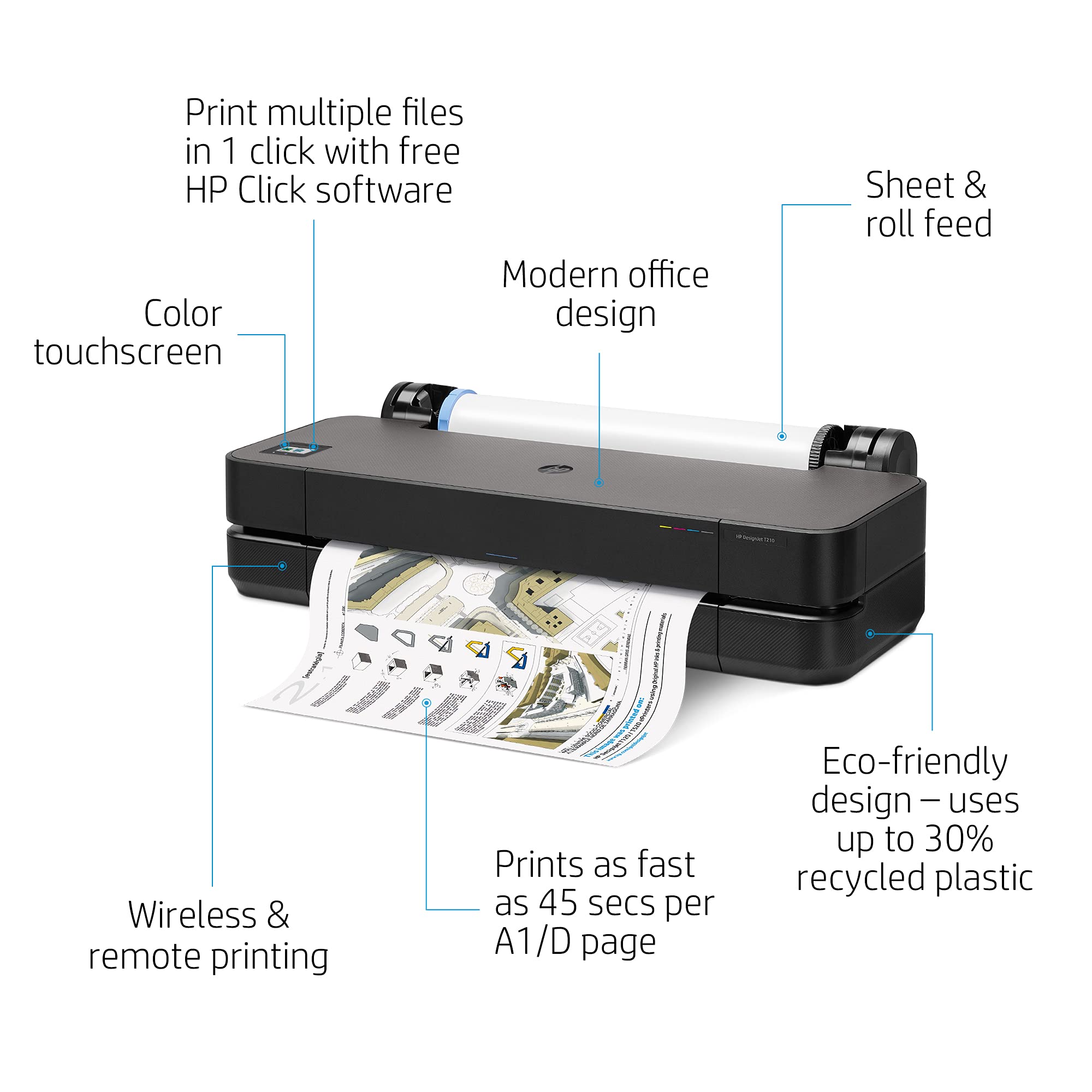 HP DesignJet T200 Large Format 24-inch Plotter Printer, with Modern Office Design (8AG32A)