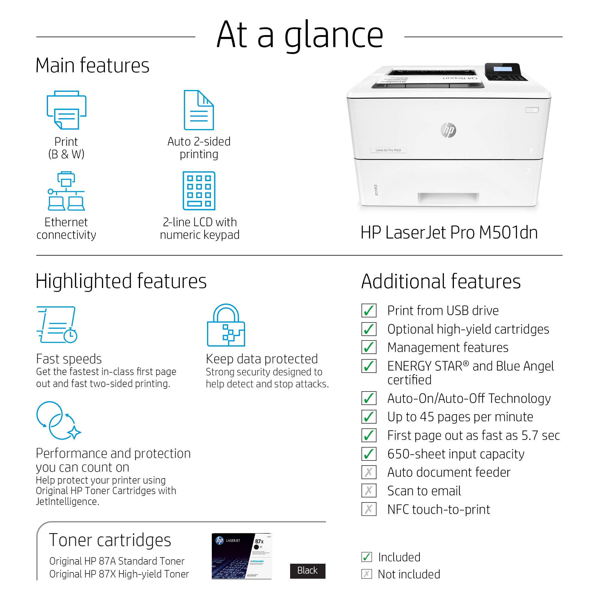 HP LaserJet Pro M501dn Monochrome Printer with built-in Ethernet & 2-sided printing (J8H61A)