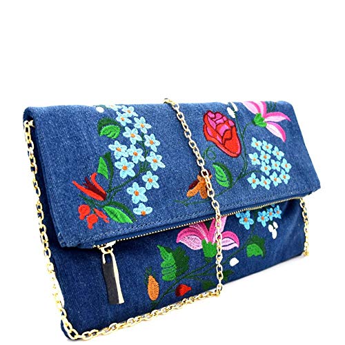 Flower Embroidery Fold-Over Clutch Denim with Chian Strap