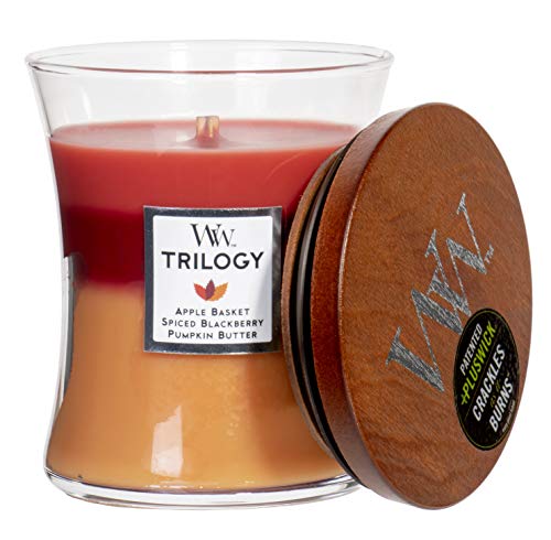 WoodWick Trilogy Autumn Harvest - Apple Basket, Spiced BlackBerry, Pumpkin Butter Scented Hourglass Crackling Wooden Wick Candle in Clear Glass Jar, Medium - 9.7 Oz