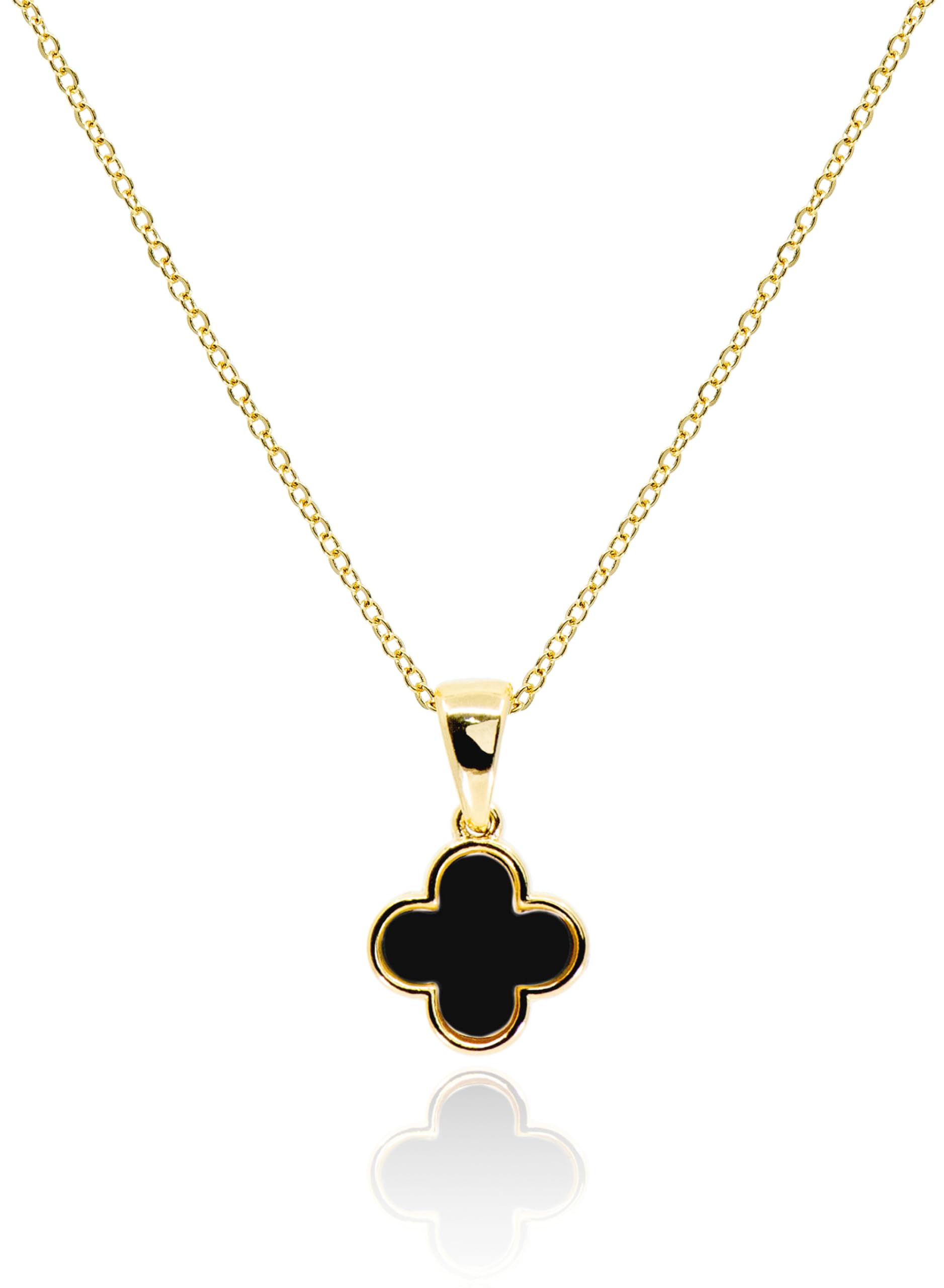 QVY Dainty Four Leaf Clover Necklace for Women 18K Gold Plated Black Onyx Lucky Clover Pendant Charm Nacre Jewelry Christmas Gifts for Mom [CVN-BK-G]