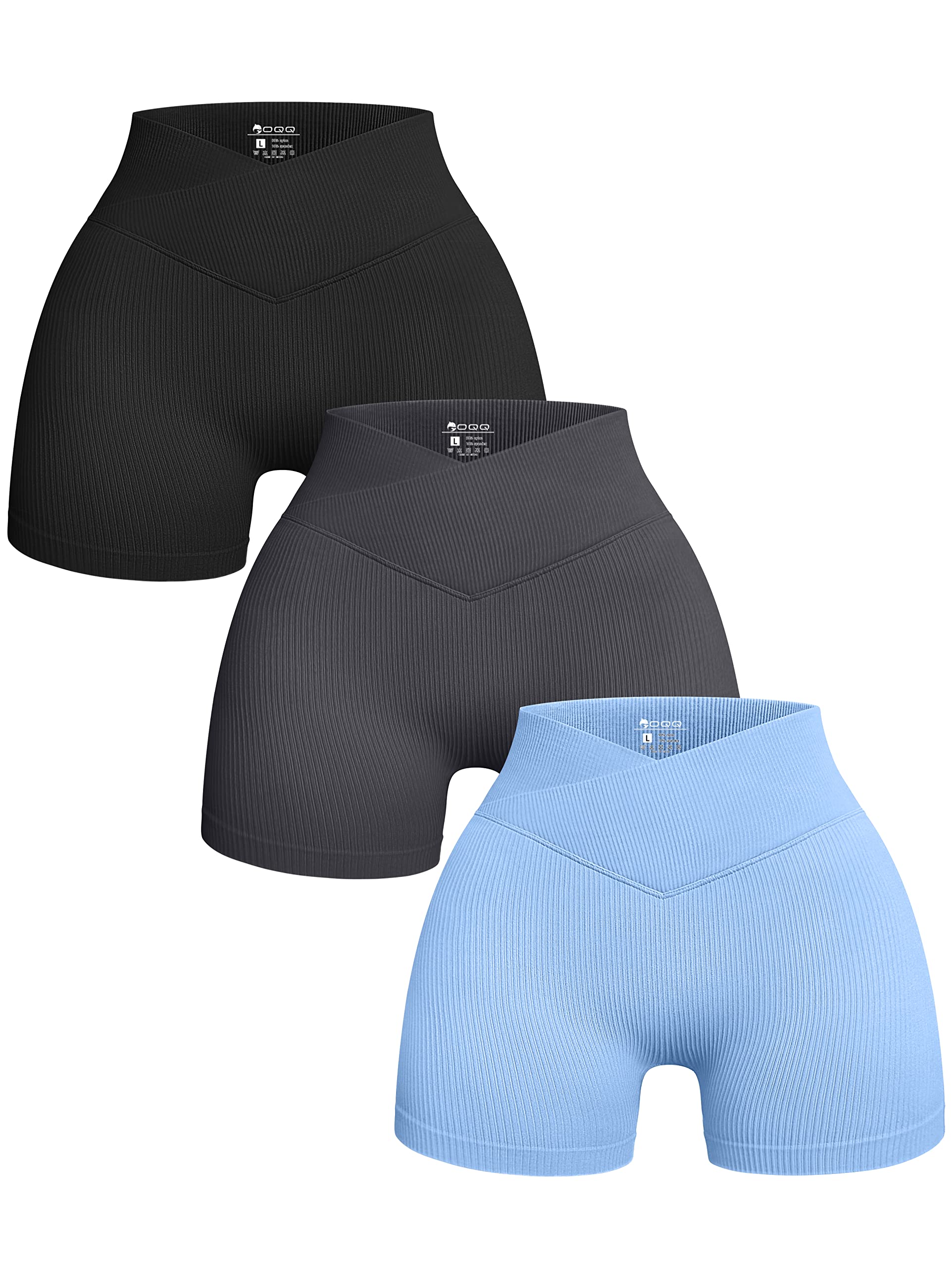 OQQ Women's 3 Piece Yoga Shorts Ribbed Seamless Workout High Waist Cross Over Athletic Leggings Black Grey Candyblue