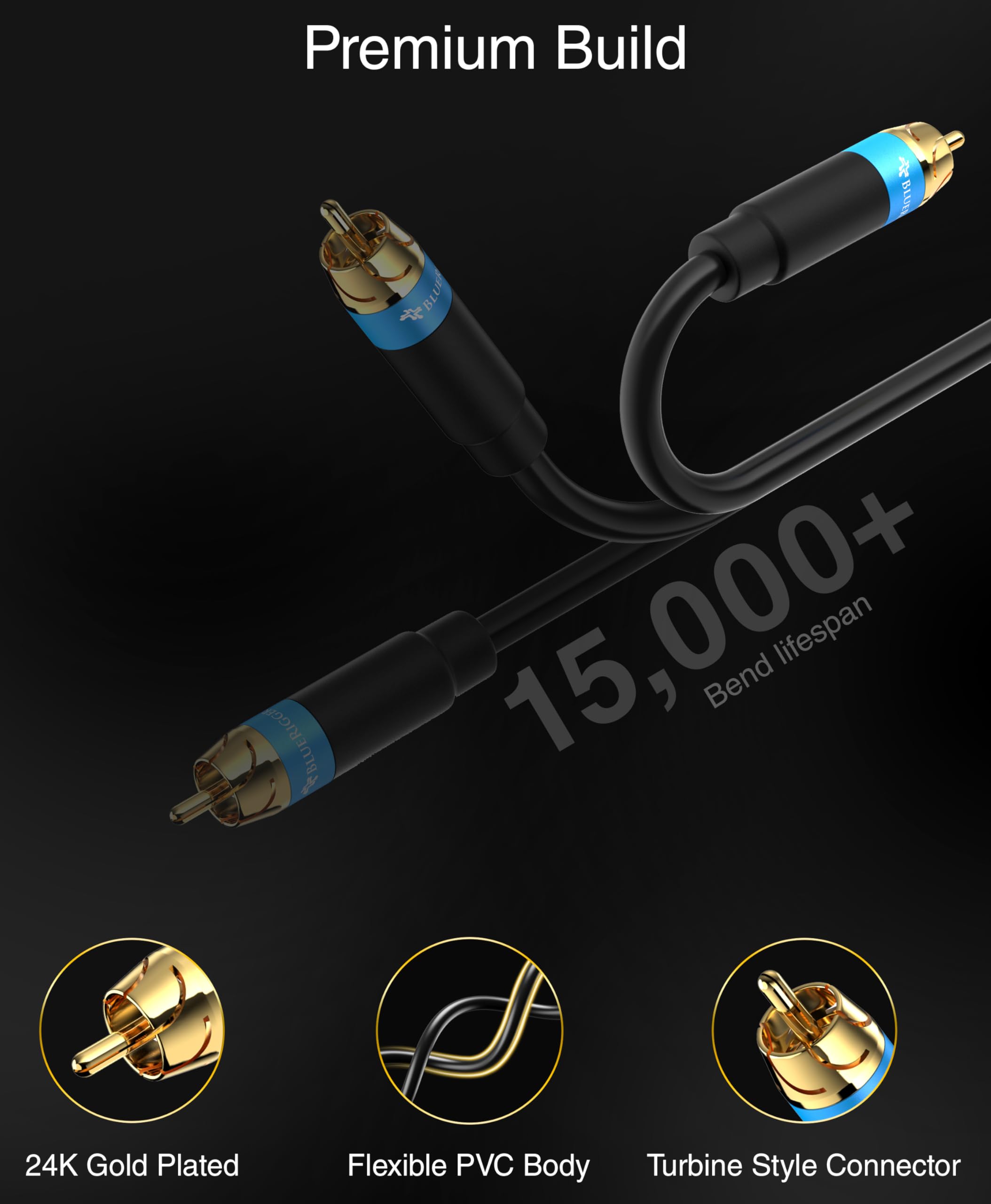 BlueRigger RCA Audio Subwoofer Cable (6FT, Dual Shielded with Gold Plated RCA to RCA Connectors) – for Subwoofer, Amplifier, Home Theater