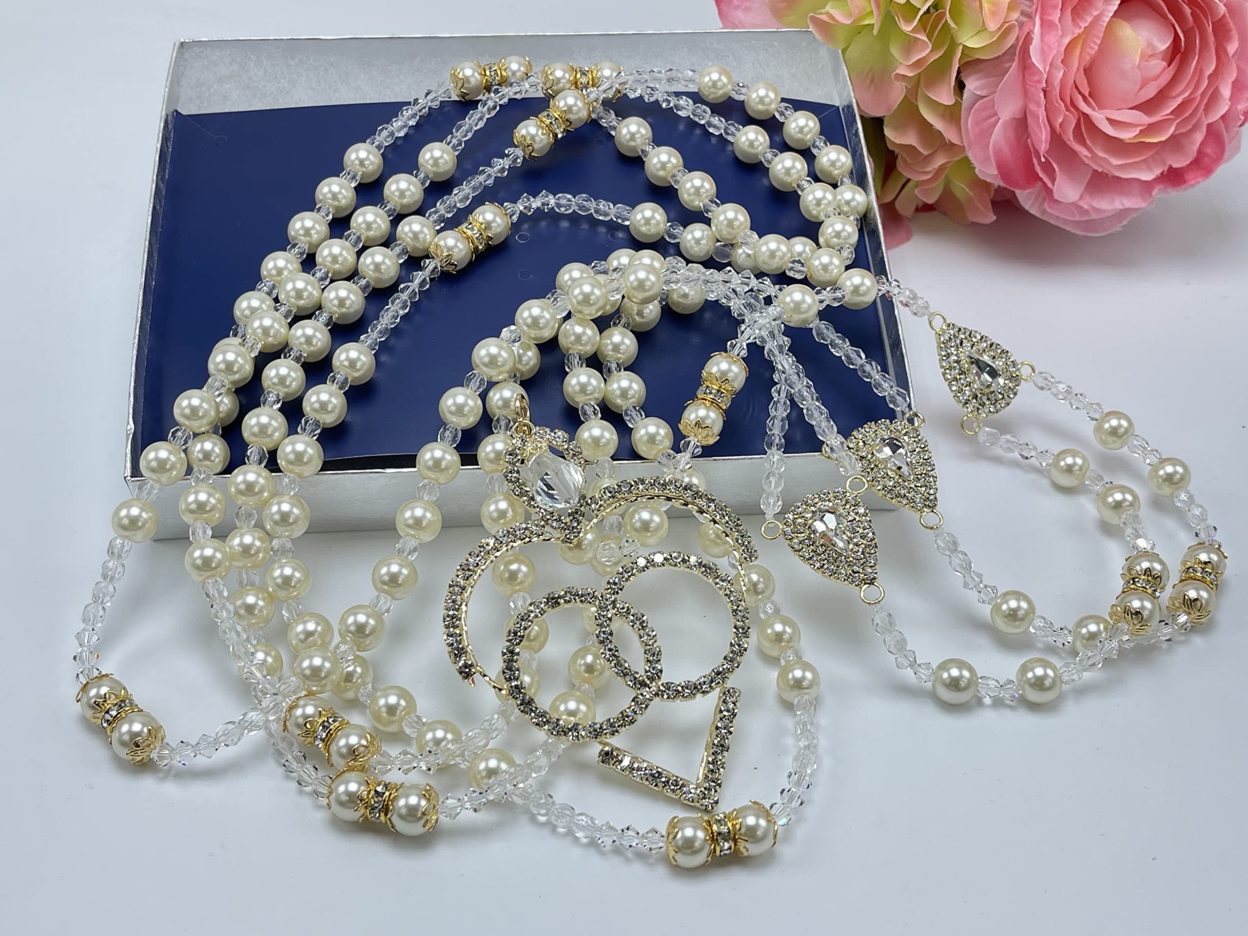 San Joaquin Creations Non-catholic Wedding Lasso Ivory Color Crystal Pearls Gold Plated With Rhinestones Heart/Lazo De Boda No Catolico