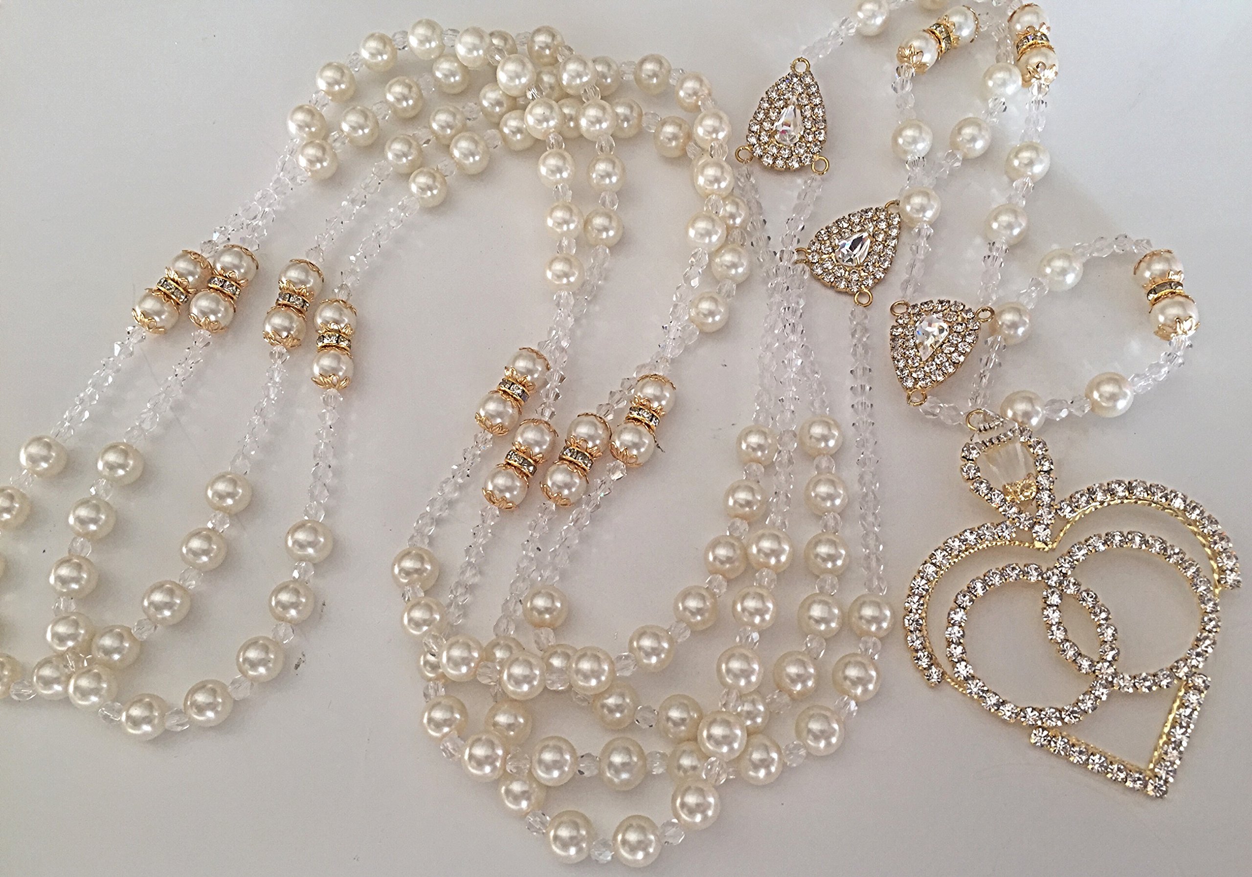 San Joaquin Creations Non-catholic Wedding Lasso Ivory Color Crystal Pearls Gold Plated With Rhinestones Heart/Lazo De Boda No Catolico