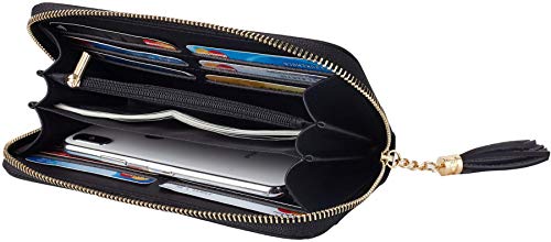 Travelambo Womens Wallet Tassel Bifold Ladies Cluth Wristlet Wrist strap Long Purse (Access Black)