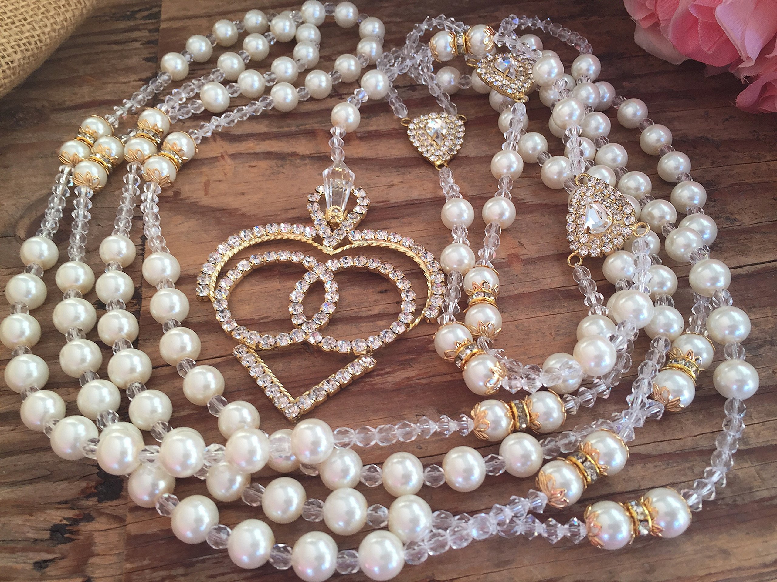 San Joaquin Creations Non-catholic Wedding Lasso Ivory Color Crystal Pearls Gold Plated With Rhinestones Heart/Lazo De Boda No Catolico