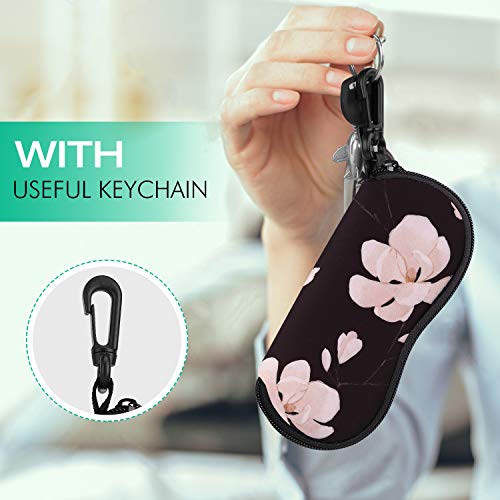 MoKo Sunglasses Soft Case Ultra Light Neoprene Zipper Eyeglass Case with Clip, Black & White Magnolia