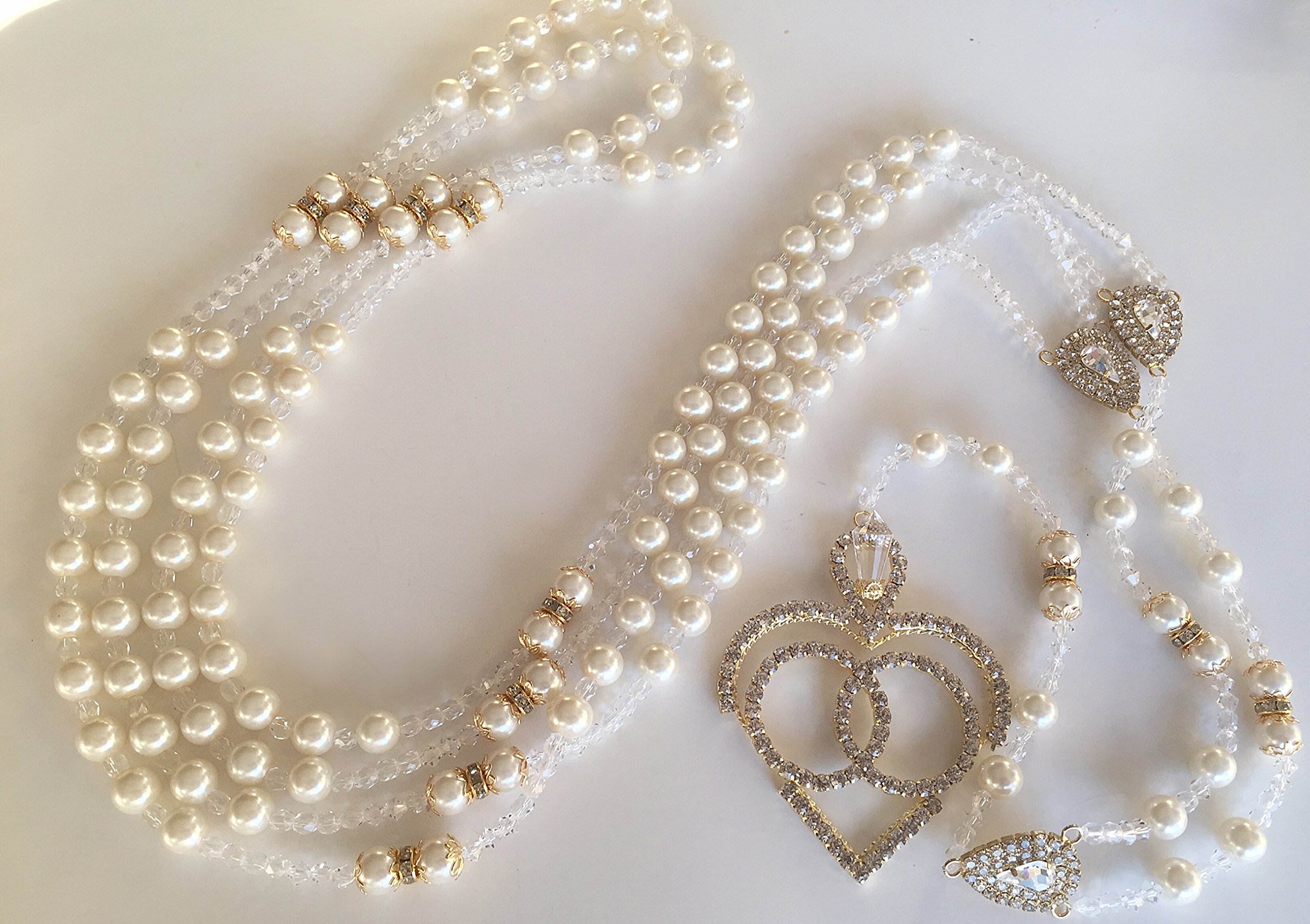 San Joaquin Creations Non-catholic Wedding Lasso Ivory Color Crystal Pearls Gold Plated With Rhinestones Heart/Lazo De Boda No Catolico