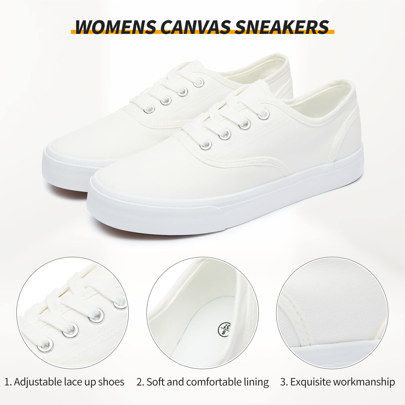 ZGR Women's Canvas White Shoes Classic Fashion Low Cut Sneakers(Canvas White.US8)