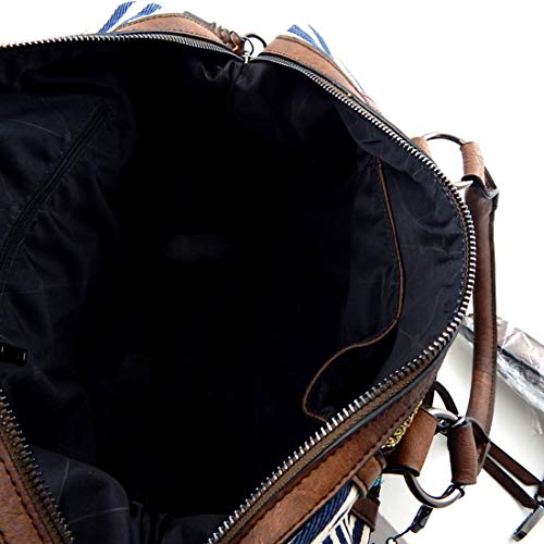 Boho Tassel Leaf Charm Aztec & Stripe Print Canvas Satchel Tote Handbag Purse (Embroidered Satchel - Black)