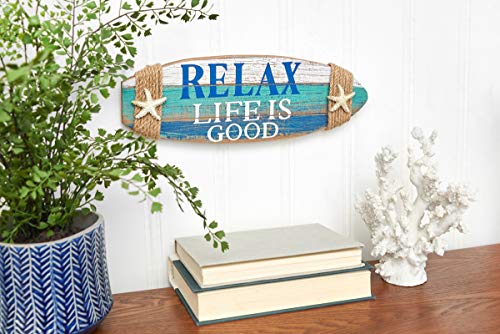 Beachcombers Relax Life is Good Surfboard Shape Coastal Plaque Wall Sign with Starfish Wall Hanging Decor Decoration for The Beach Blue