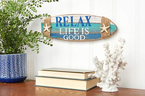 Beachcombers Relax Life is Good Surfboard Shape Coastal Plaque Wall Sign with Starfish Wall Hanging Decor Decoration for The Beach Blue