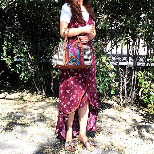 Boho Tassel Leaf Charm Aztec & Stripe Print Canvas Satchel Tote Handbag Purse (Embroidered Satchel - Black)