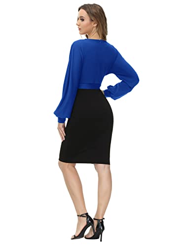 GRACE KARIN Bodycon Dresses for Women Wrap Batwing Sleeve Professional Work V Neck Dress RoyalBlue-Black M