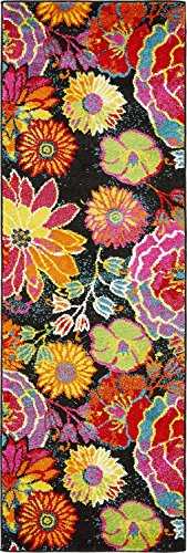 Unique Loom Lyon Collection Colorful Modern Floral Garden Area Rug, 2 x 6 ft, Black/Yellow