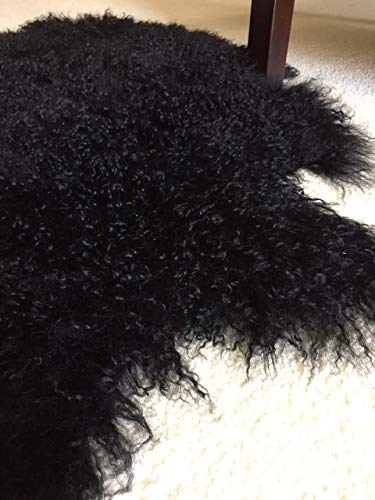 Seek4comfortable Black Genuine Mongolian Sheepskin Pelt Fur Area Rug, Tibetan Curly Fur Throw with Super Fluffy Thick Decorative As Throw Rug 41.5-43.5in Long and 24-25.6 in Wide