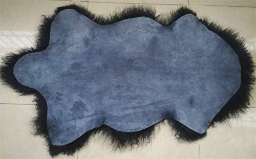 Seek4comfortable Black Genuine Mongolian Sheepskin Pelt Fur Area Rug, Tibetan Curly Fur Throw with Super Fluffy Thick Decorative As Throw Rug 41.5-43.5in Long and 24-25.6 in Wide