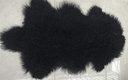 Seek4comfortable Black Genuine Mongolian Sheepskin Pelt Fur Area Rug, Tibetan Curly Fur Throw with Super Fluffy Thick Decorative As Throw Rug 41.5-43.5in Long and 24-25.6 in Wide