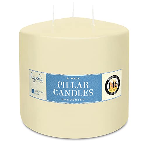 HYOOLA Ivory Three Wick Large Candle - 6 x 6 Inch - Unscented Big Pillar Candles - 146 Hour - European Made