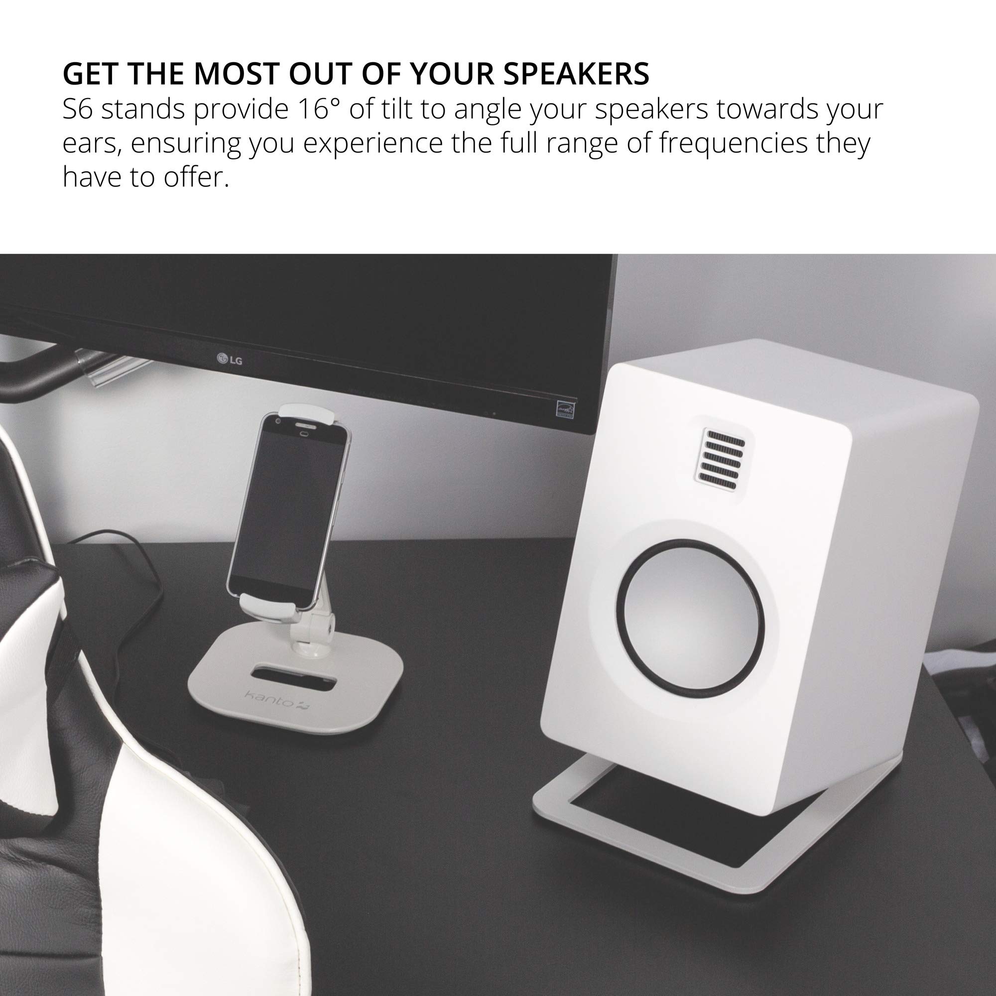 Kanto S6W Tilted Desktop Speaker Stands for Large Bookshelf Speakers & Full-Size 5”-7” Studio Monitors | Supports 20 lbs | Damping Foam Padding | ¼”-20 Mounting | Pair | White