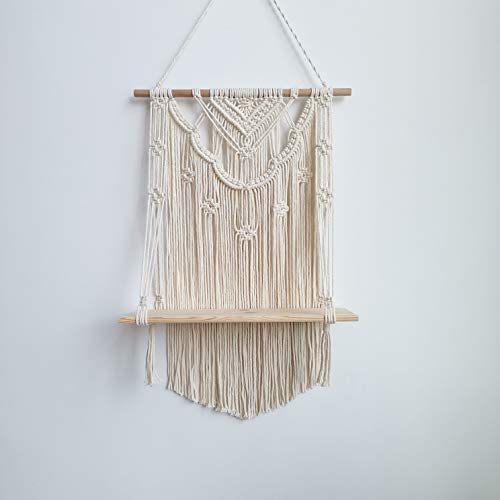 BLUETTEK Macrame Wall Hanging Shelf, Wood Hanging Shelf Organizer Hanger, Handmade Cotton Rope Bohomia Woven Home Wall Decor (Flower)