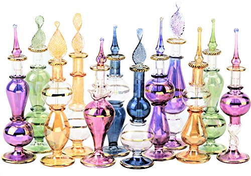 Egyptian Perfume Bottles Wholesale Set Of 12 Size 4” mouth-blown with handmade golden Egyptian decoration for Perfumes & Essential Oils.