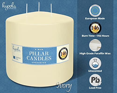 HYOOLA Ivory Three Wick Large Candle - 6 x 6 Inch - Unscented Big Pillar Candles - 146 Hour - European Made