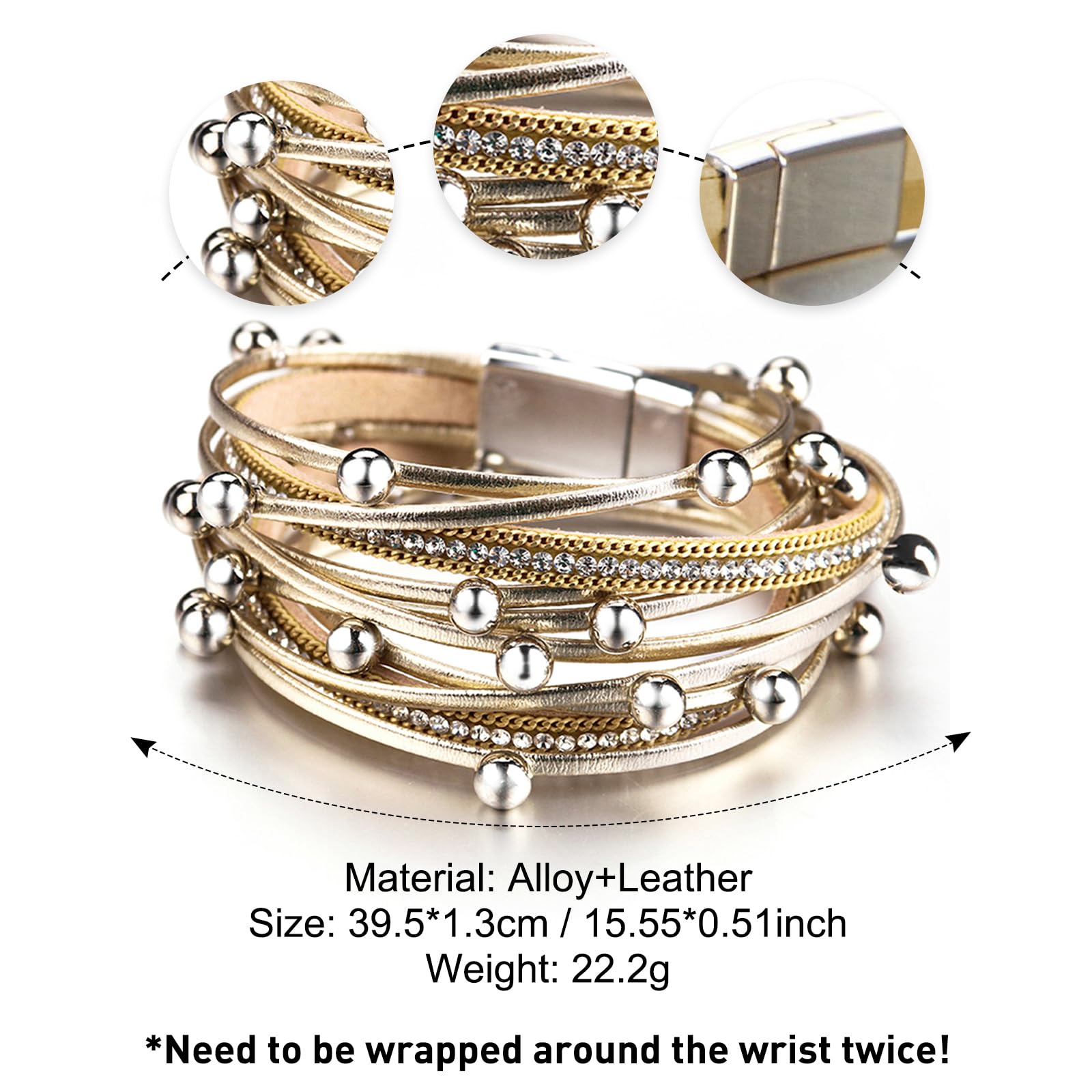 Fesciory Leather Wrap Bracelets for Women, Boho Leopard Multi-Layer Crystal Beads Cuff Bracelet Jewelry (Gold Beads)