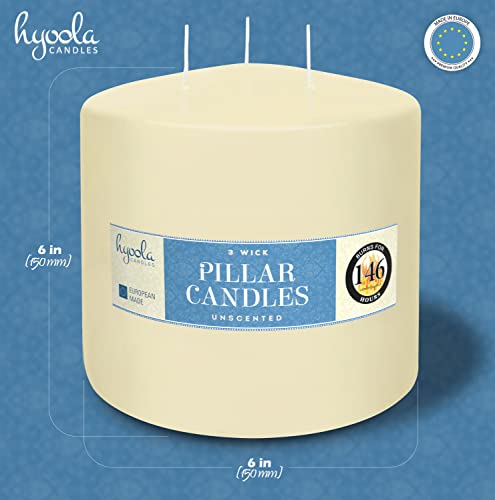 HYOOLA Ivory Three Wick Large Candle - 6 x 6 Inch - Unscented Big Pillar Candles - 146 Hour - European Made