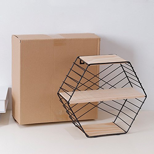 Doremy Floating Shelf,Wall Mounted Modern Simple Geometry Wood Metal Wire Hexagon Plant Flower Wall Decoration Wall Storage Shelves Display Racks Perfect for Bedroom,Living Room,Office (White)