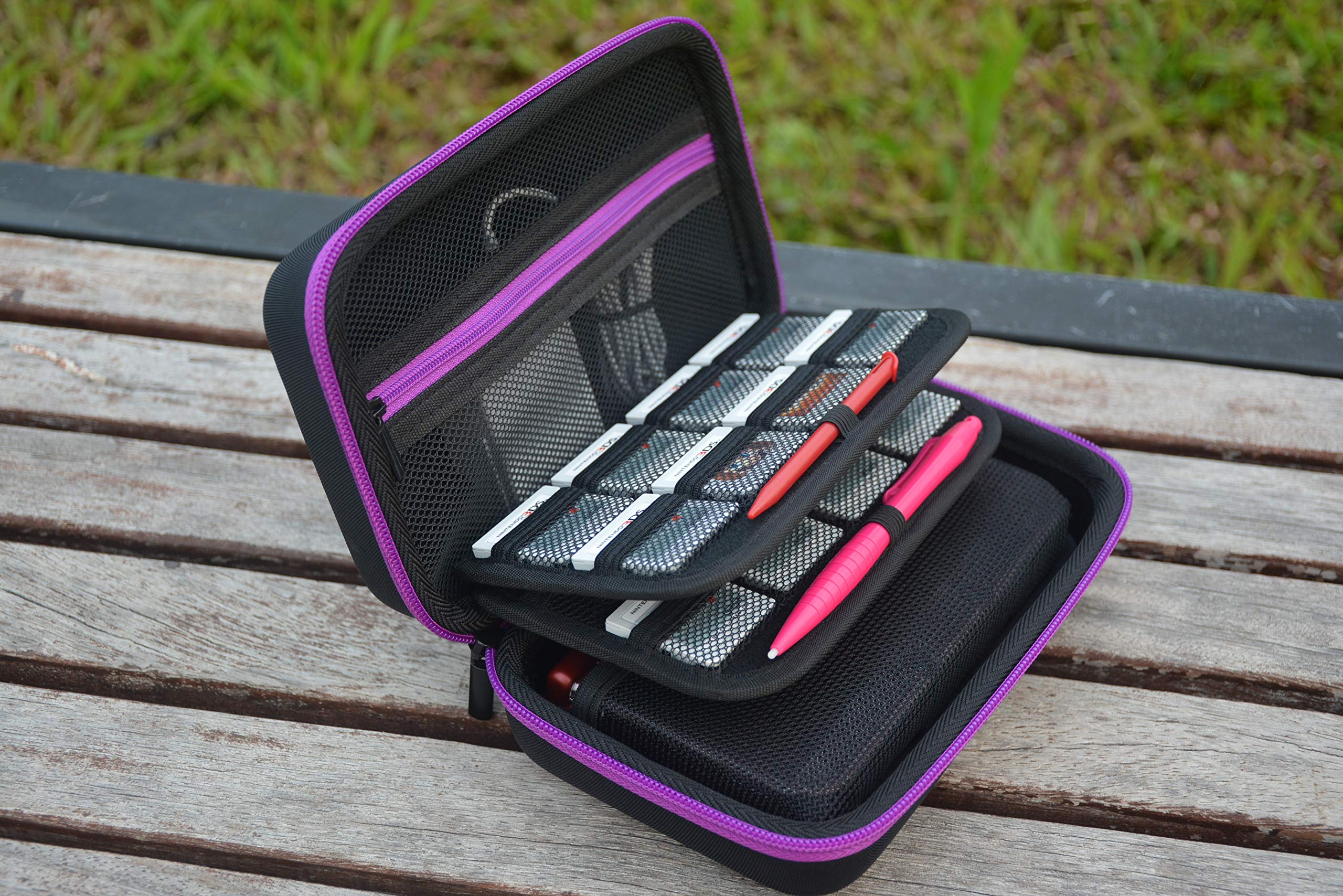 Jun Xuan New 3DS XL and 2DS XL Carrying Case - Fits Wall Charger - 16 Game Card Storage Holders, Hard Shell and Accessories Pocket - Black/Purple