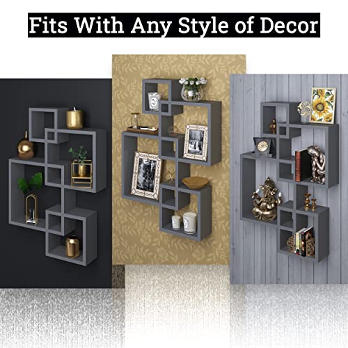 Greenco Gray Floating Cube Shelves - Intersecting Wall Mounted Shelves - Wall Decor Square Shelves for Bedrooms, Living Rooms & More - Set of 4 Box Shelves