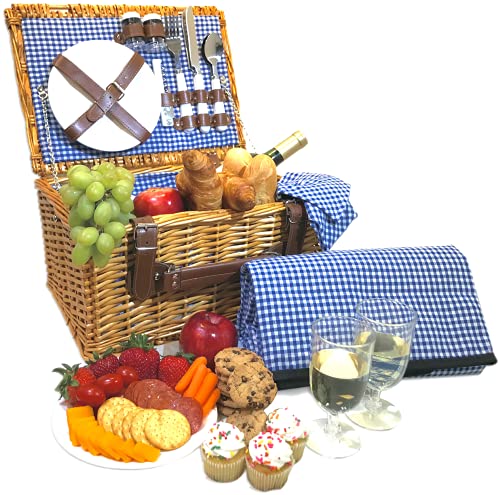 Picnic Basket Set - 2 Person Picnic Hamper Set - Waterproof Picnic Blanket Ceramic Plates Metal Flatware Wine Glasses S/P Shakers Bottle Opener Blue Checked Pattern Lining Picnic Set | Picnic Tote