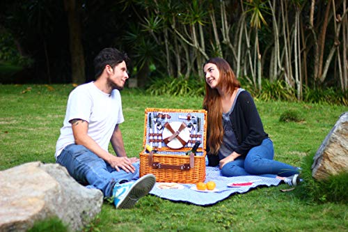 Picnic Basket Set - 2 Person Picnic Hamper Set - Waterproof Picnic Blanket Ceramic Plates Metal Flatware Wine Glasses S/P Shakers Bottle Opener Blue Checked Pattern Lining Picnic Set | Picnic Tote