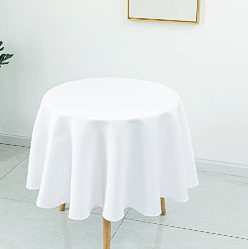 Biscaynebay Textured Fabric Round Tablecloth 60 Inches in Diameter, White Water Resistant Tablecloths for Dining, Kitchen, Wedding & Parties, etc. Machine Washable